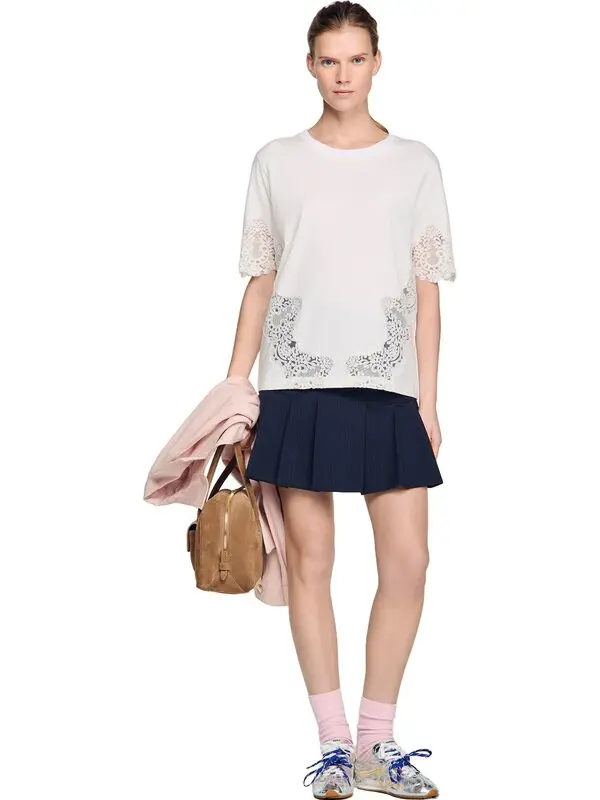 Sandro Cotton T-shirt With Lace Detail - Ecru
