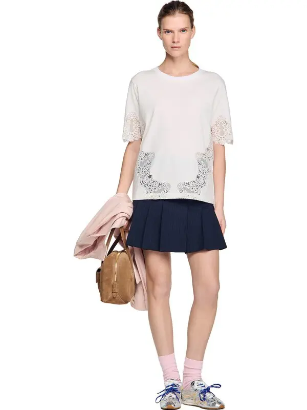 Sandro Cotton T-shirt With Lace Detail - Ecru