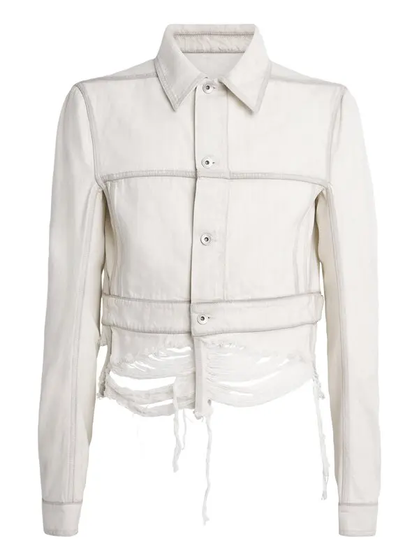 Rick Owens Cropped Distressed Denim Jacket - White