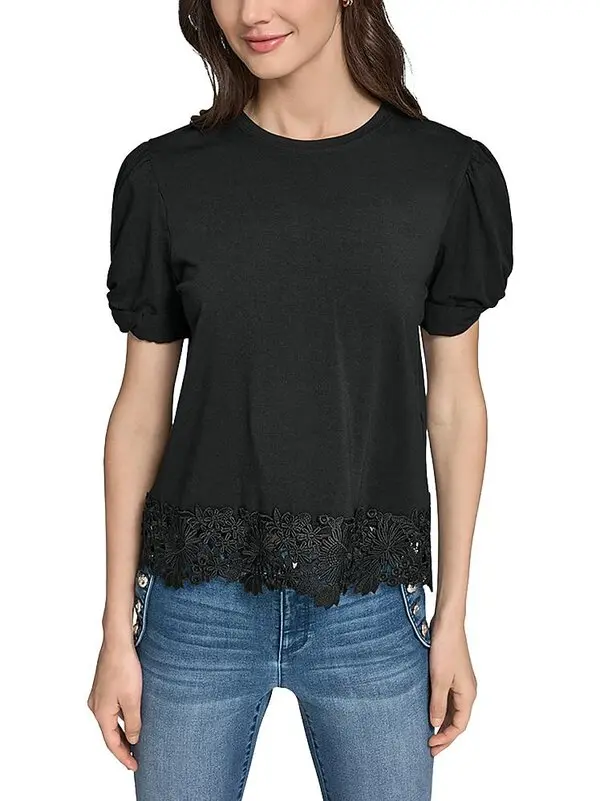 Karl Lagerfeld Paris Lace Trim Tee - Black
