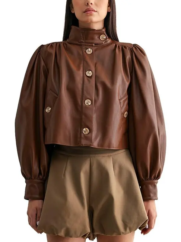 LUVEE Faux Leather Puff Sleeve Jacket - Brown