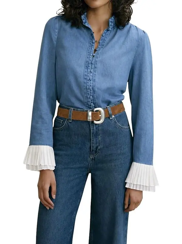 Mint Velvet Denim Blouse With Contrast Cuffs - Blue