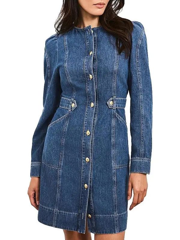 Mint Velvet Denim Puff Sleeve Mini Dress - Blue