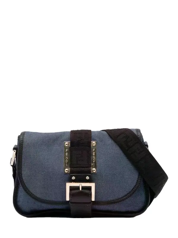 Fendi 2000-2010 Zucca Trimmed Denim Buckle Flap Crossbody Bag - Blue