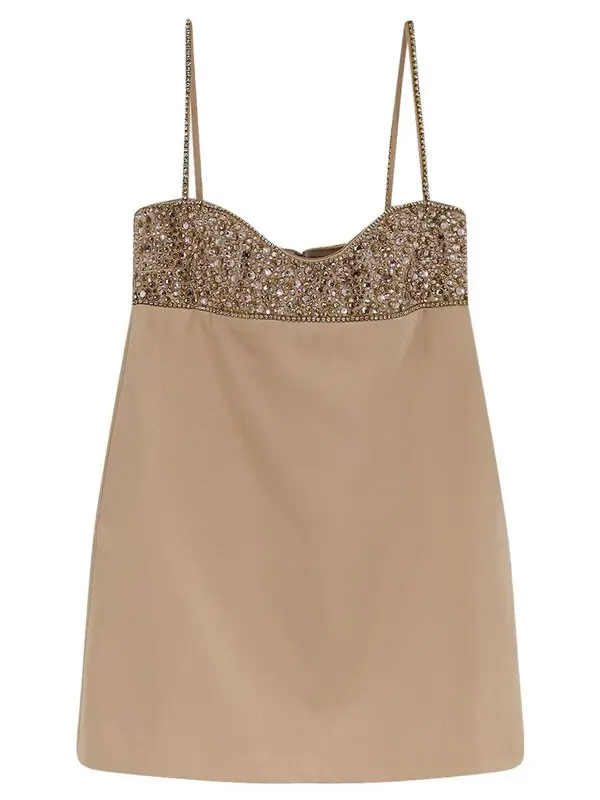 Retrofete Shyla Rhinestone Detail Satin Dress - Beige