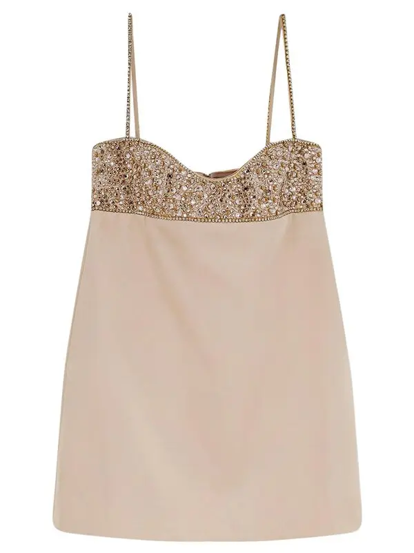 Retrofete Shyla Rhinestone Detail Satin Dress - Beige