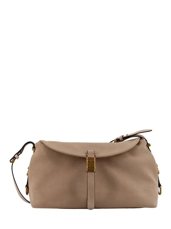 Pinko Suede Crossbody Bag With Metal Detail And Engraved Logo - Beige