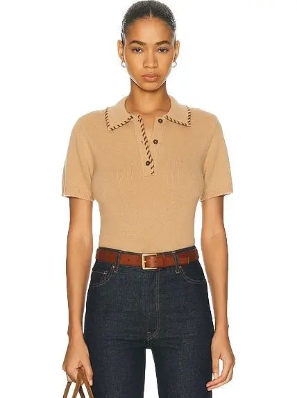 FRAME Leather Stitch Polo Top - Camel