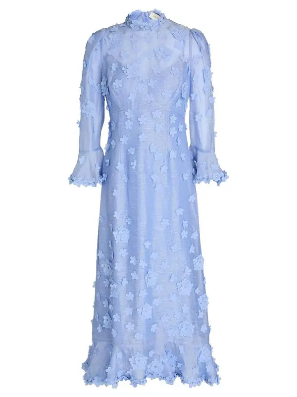 Zimmermann Floral-appliquéd Linen And Silk-blend Midi Dress - Light Blue