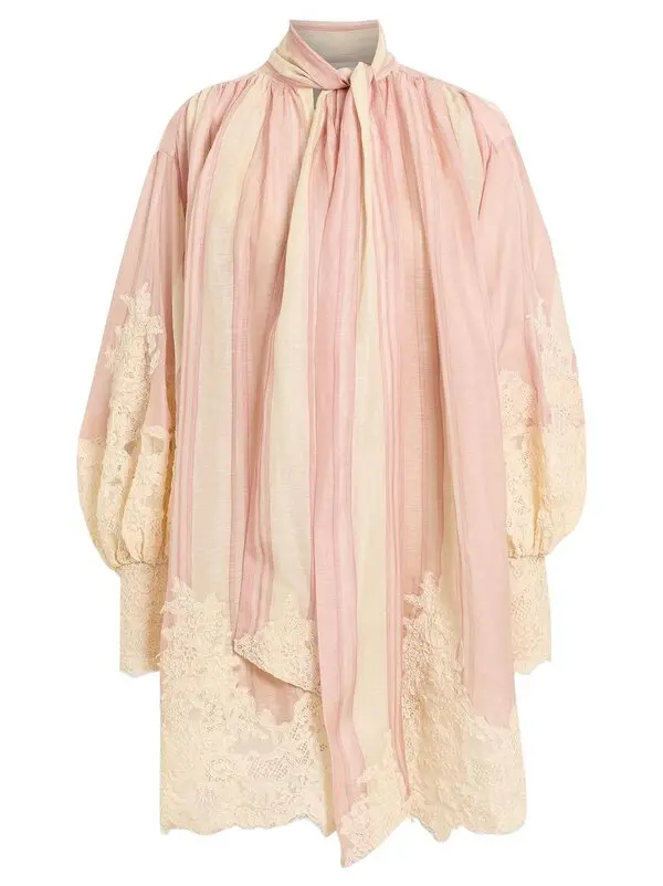 Zimmermann Lacepaneled Striped Linen And Silkblend Gauze Mini Dress - Blush