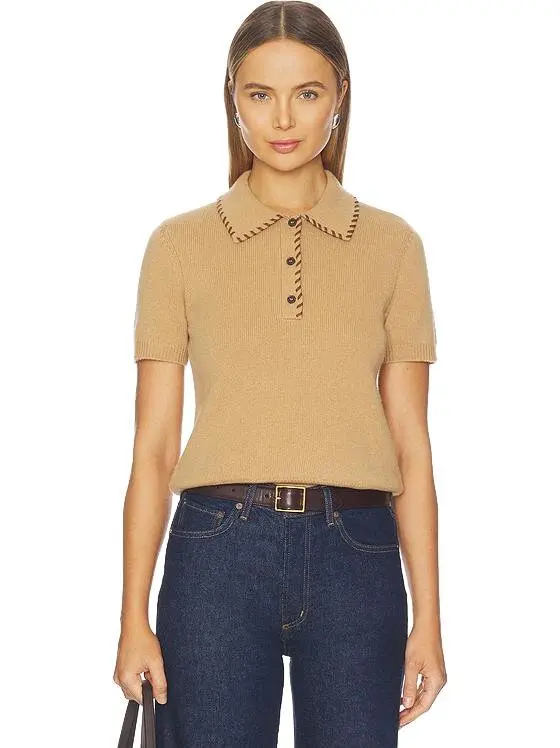 FRAME Leather Stitch Polo Top - Camel