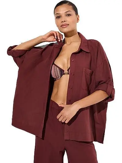 Victoria's Secret Linen Boxy Long-sleeve Shirt - Red