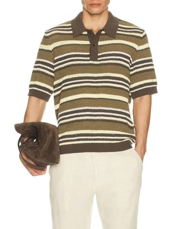 SAMSOE SAMSOE Samarco Short Sleeve Polo In Olive - Burnt Olive Stripe