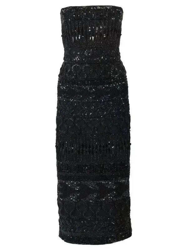 Carolina Herrera Embroidered Tulle Strapless Midi Dress - Black