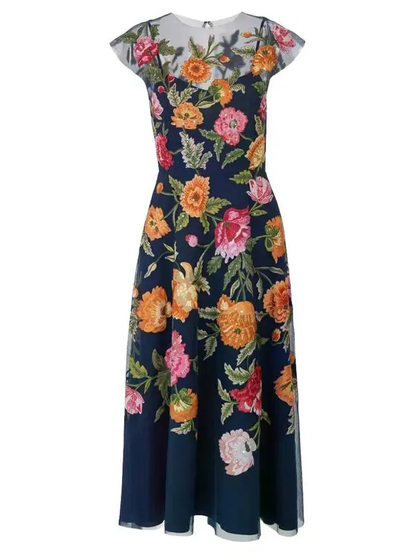 Carolina Herrera Floral Embroidered Tulle Midi Dress - Blue