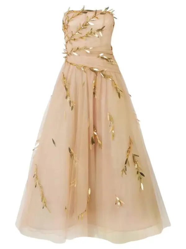 Carolina Herrera Embroidered Tulle Strapless Midi Dress - Neutrals