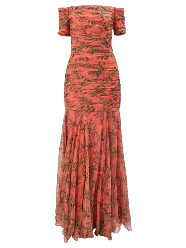 Carolina Herrera Olive Branch-print Ruched Gown - Pink