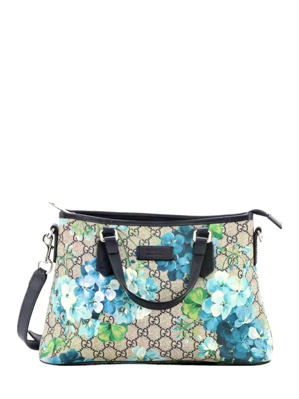 Gucci Convertible Zip Blooms Print Gg Coated Canvas Medium Tote Bag - Blue