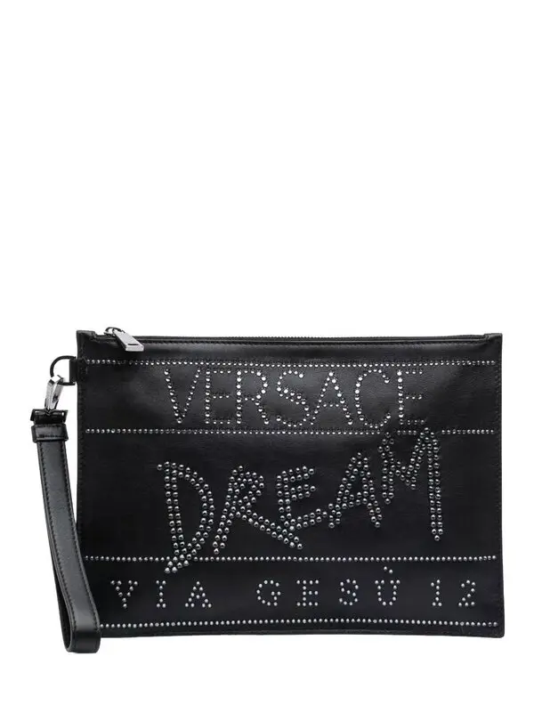 Versace Crystal Embellished Leather Clutch Bag - Black