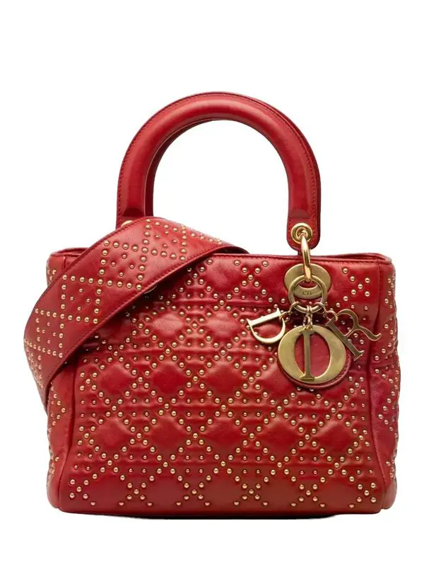 Dior 2017 Medium Lambskin Studded Lady Satchel - Red