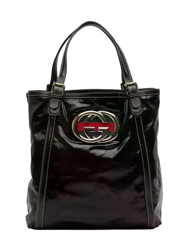 Gucci Patent Dialux Britt Web Tote Bag - Black