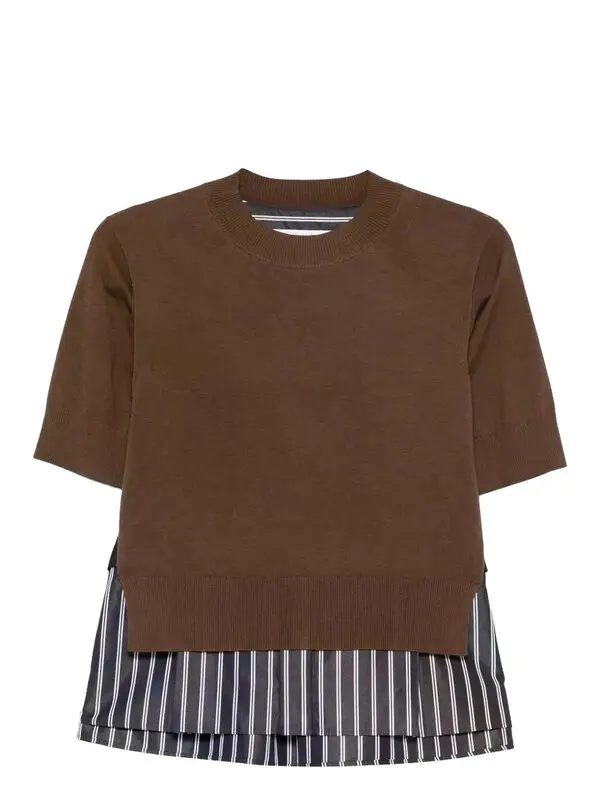 Sacai Striped-panel T-shirt - Brown