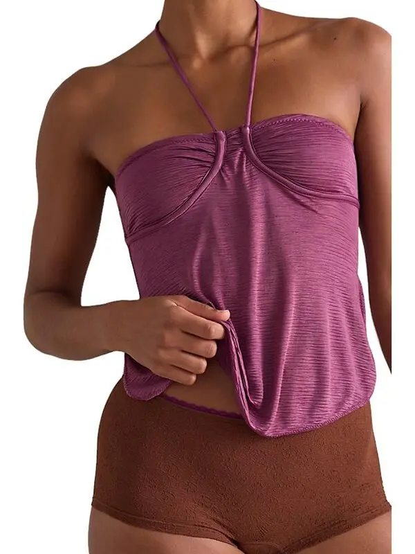 Free People Intimately Halter Neck Textured Top With Open Back - Damson