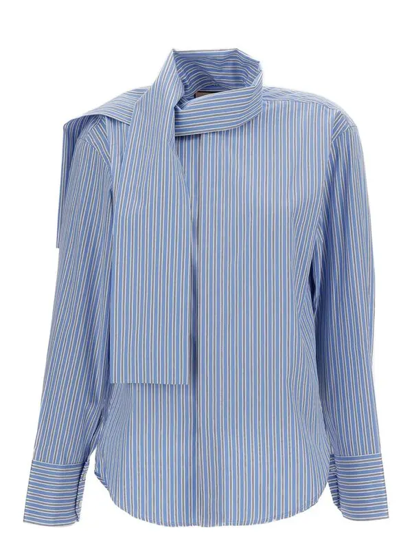 Plan C Striped Shirt With Scarf - Sky Blue