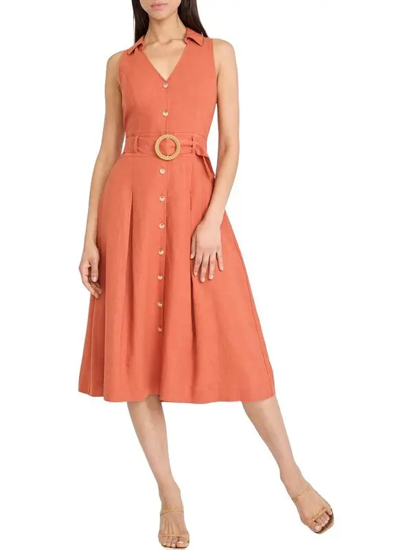 Maggy London Linen Blend Sleeveless Midi Shirtdress With Belt - Burnt Brick