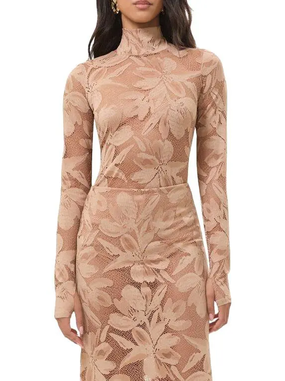 AFRM Zadie Sheer Floral Lace Turtleneck Top - Almond