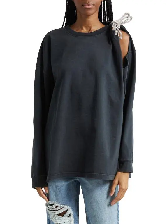 AREA Crystal Knot Cutout Long Sleeve T-shirt - Washed Black