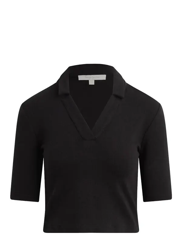 FAVORITE DAUGHTER Cropped Organic Cotton Polo With Johnny Collar - Black