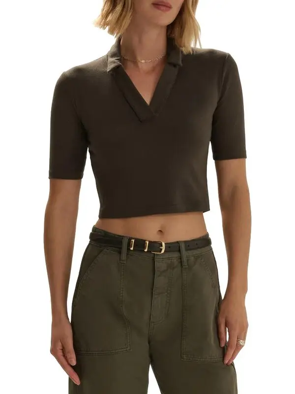 FAVORITE DAUGHTER Cropped Organic Cotton Polo With Johnny Collar - Espresso