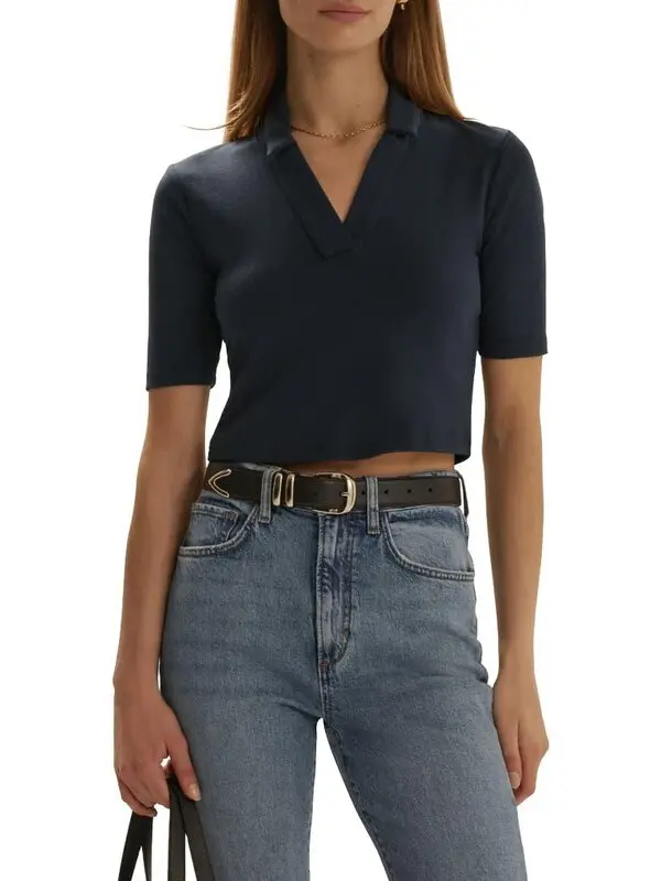 FAVORITE DAUGHTER Cropped Organic Cotton Polo With Johnny Collar - Navy