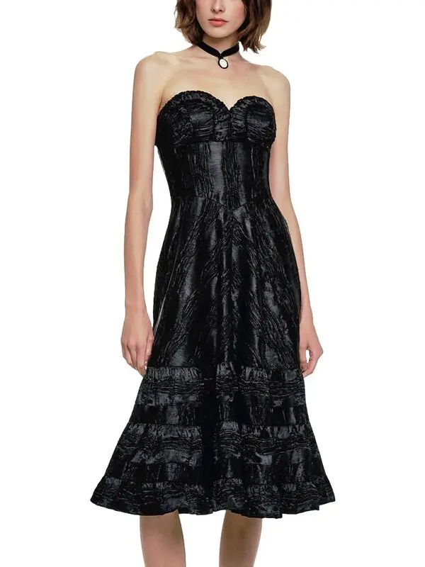 Anna Sui Crushed Satin Strapless Sweetheart Dress - Black