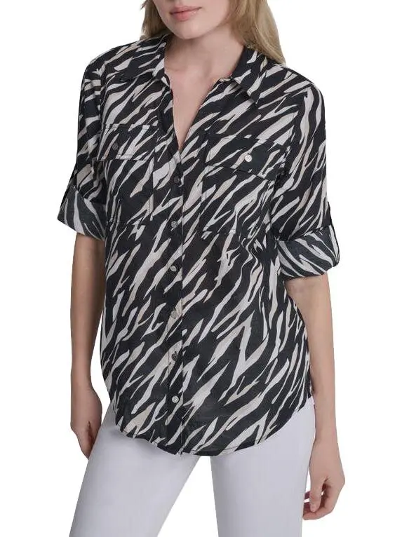 Dkny Printed Cotton Button-up Shirt With Roll-tab Cuffs - Concrete Animal