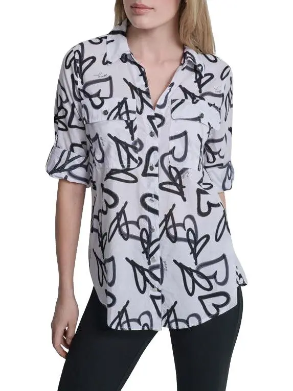 Dkny Printed Cotton Button-up Shirt With Roll-tab Cuffs - Ivory Graffiti Heart