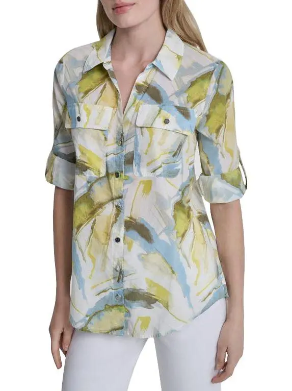 Dkny Printed Cotton Button-up Shirt With Roll-tab Cuffs - March Watercolor