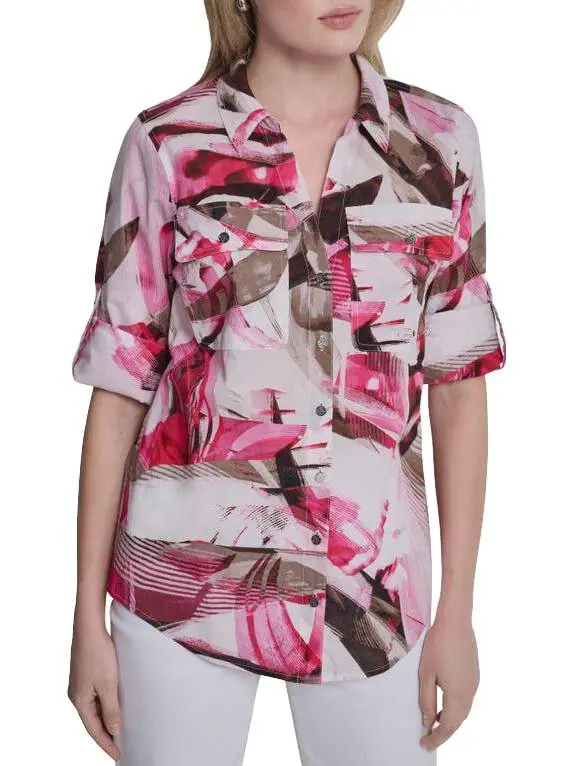 Dkny Printed Cotton Button-up Shirt With Roll-tab Cuffs - Spring Wisps