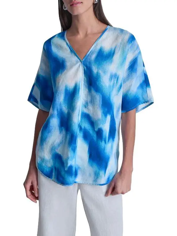 Dkny Printed Colorblocked Linen Top - Misted Surf