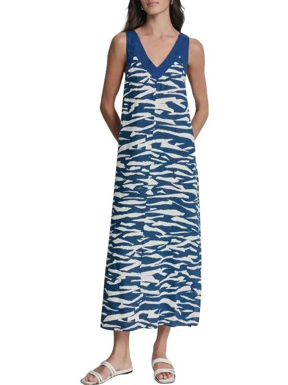 Dkny Printed Linen Midi Dress - Tidal Break/admiral