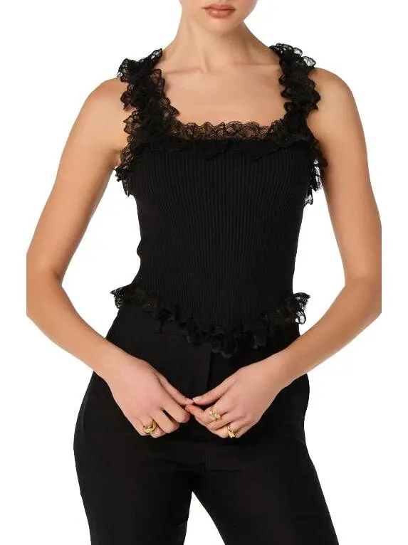 Astr The Label Amity Ruffle Lace Rib Tank - Black