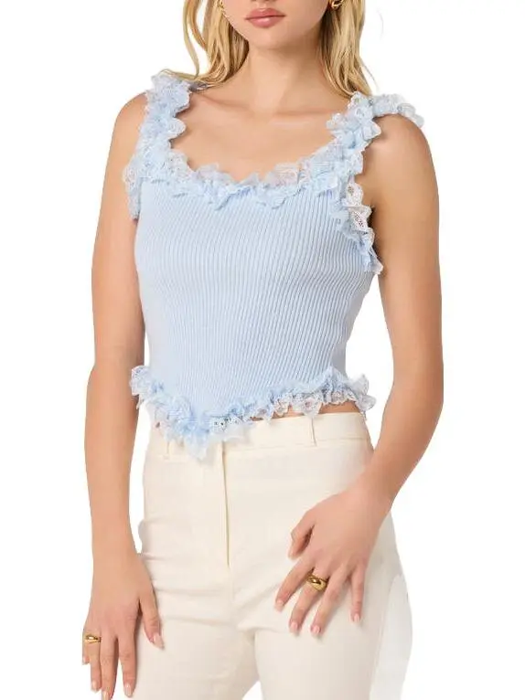 Astr The Label Amity Ruffle Lace Rib Tank - Light Blue