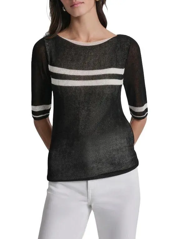 Dkny Stripe Lightweight Elbow Sleeve Sweater - Black/ivory