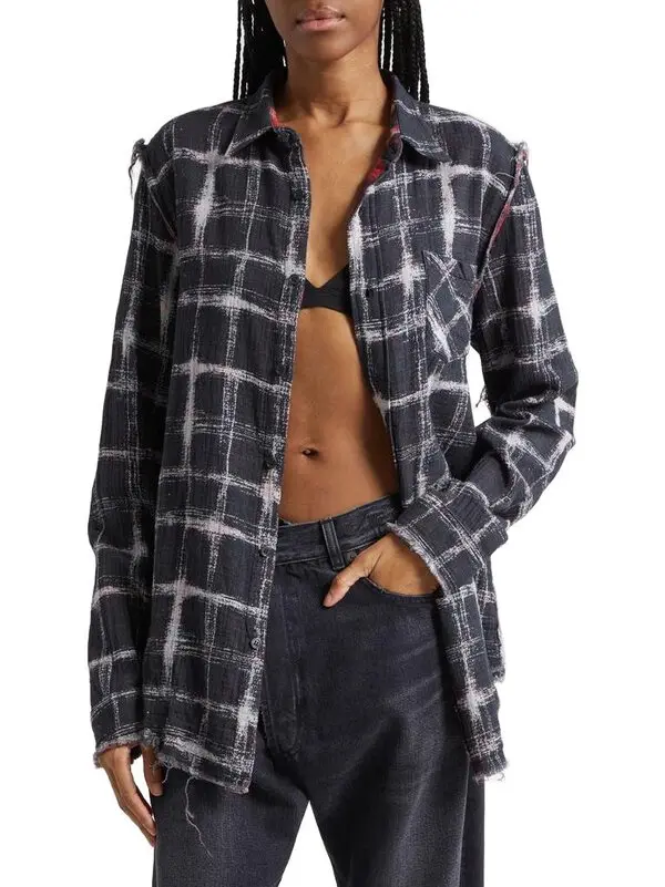R13 Shredded Seam Reversible Shirt - Black Ecru Plaid Red Leopard