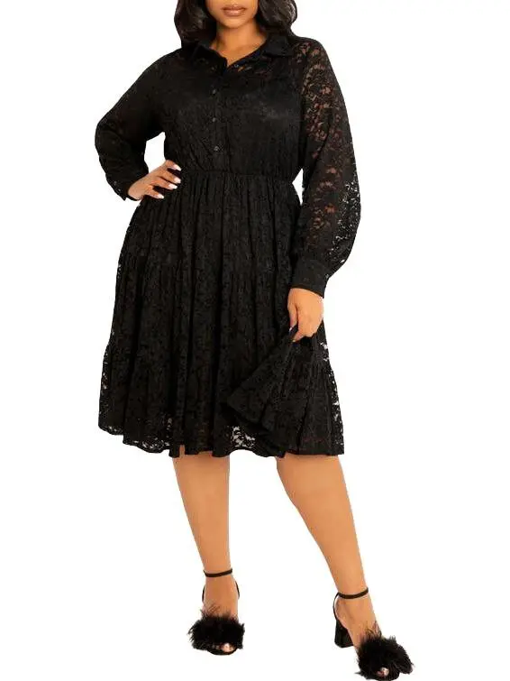 BUXOM COUTURE Lace Long Sleeve Shirt Dress - Black