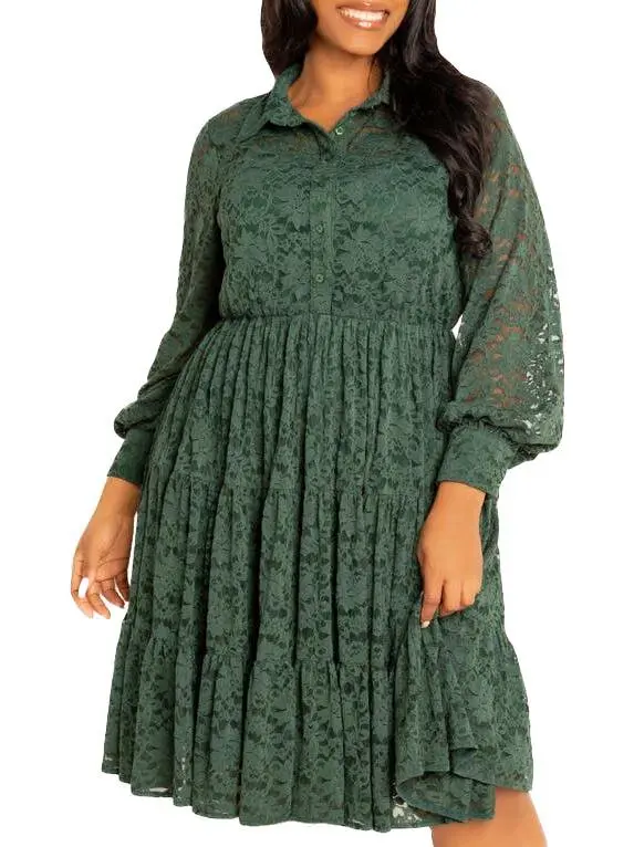 BUXOM COUTURE Lace Long Sleeve Shirt Dress - Emerald
