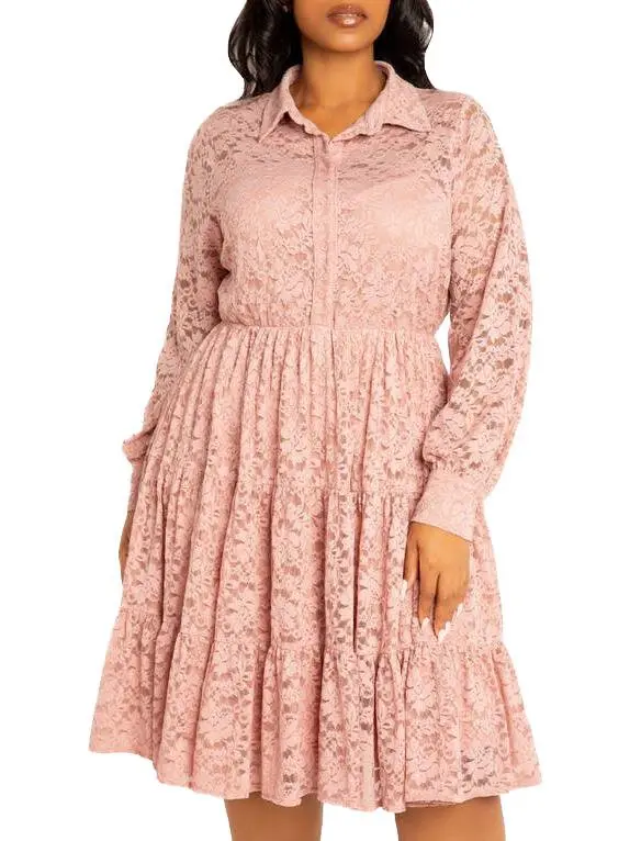 BUXOM COUTURE Lace Long Sleeve Shirt Dress - Mauve