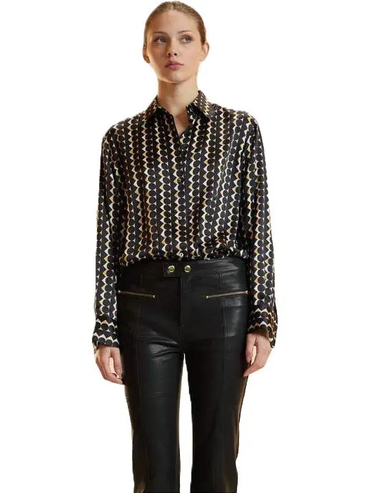 Cynthia Rowley Foil Silk Button Up Shirt - Geo Black/camel Combo