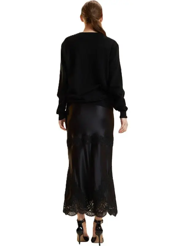 Cynthia Rowley Satin Lace Midi Skirt - Black